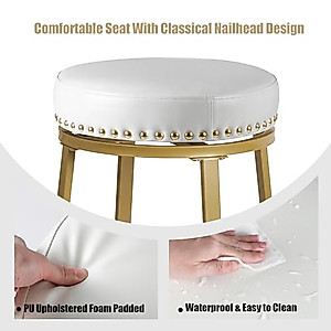 FLYZC White & Gold Bar Stools Set of 2 Counter Height 24 Inches Swivel Bar Stools for Kitchen Counter Island Backless Modern Gold Barstools Upholstered Faux Leather Round Counter Stools, White+Gold