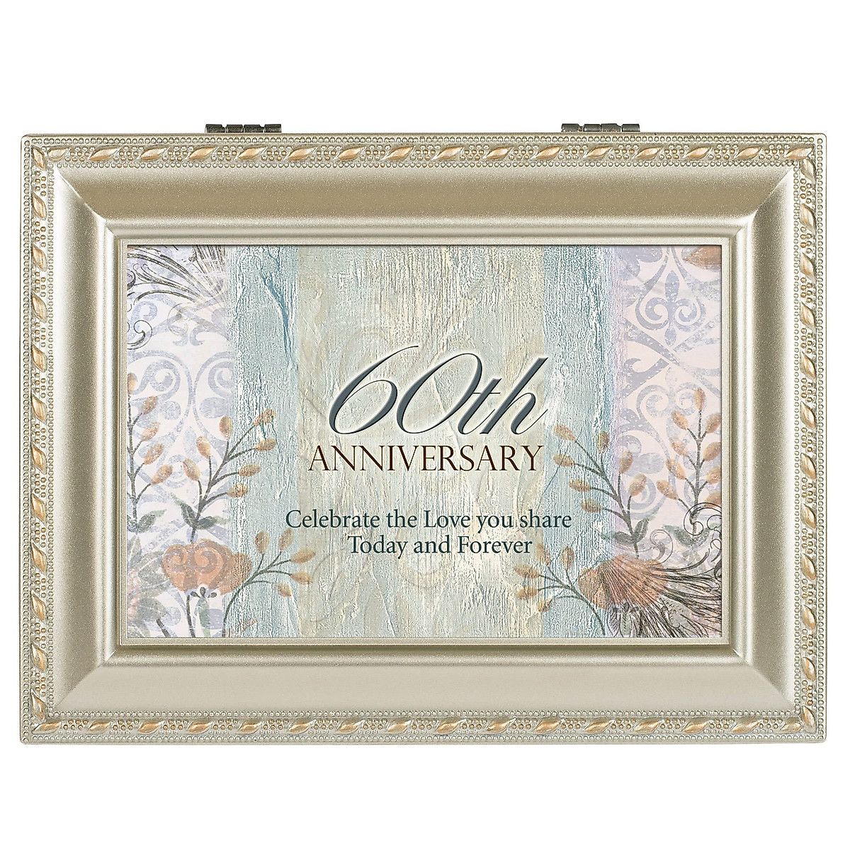 Cottage Garden 60th Anniversary Celebrate Love Champagne Silver Rope Trim Music Box Plays Unchained Melody