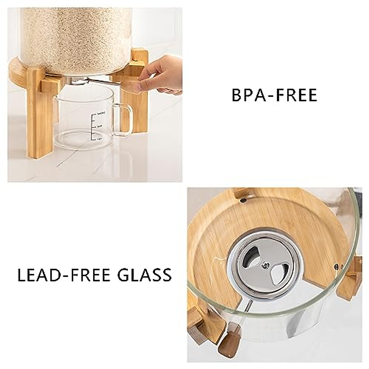 HBlife Glass Rice Dispenser with Wooden Stand Flour and Cereal Container with Glass Measuring Cup Pantry Food Organization Storage Bin with Airtight Bamboo Lid, 5L