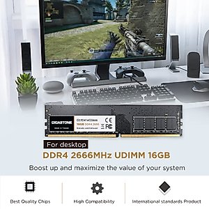 【DDR4 RAM】 GIGASTONE 32GB Kit (2x16GB) DDR4 2666MHz (2400MHz or 2133MHz) PC4-21300 (PC4-19200/17000) CL19 1.2V UDIMM 288 Pin Unbuffered Non ECC High Performance PC Desktop Memory Upgrade