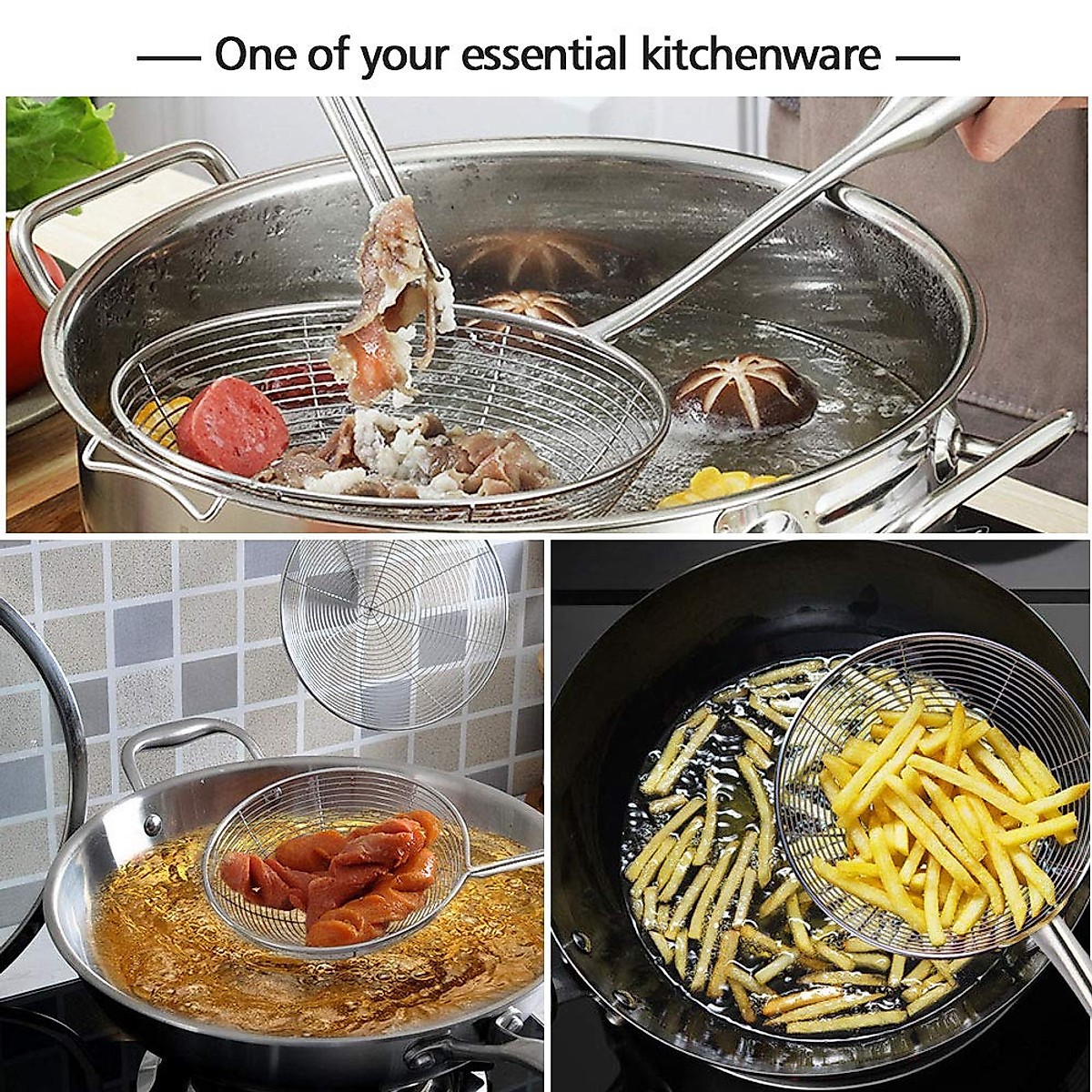 Xingmin Spider Strainer Skimmer Ladle Stainless Steel Aasian Metal Frying Basket With Long Handle Large Spoon Food Japanese Pasta Kitchen Oil Solid Professional Mesh Wire 5 Inch