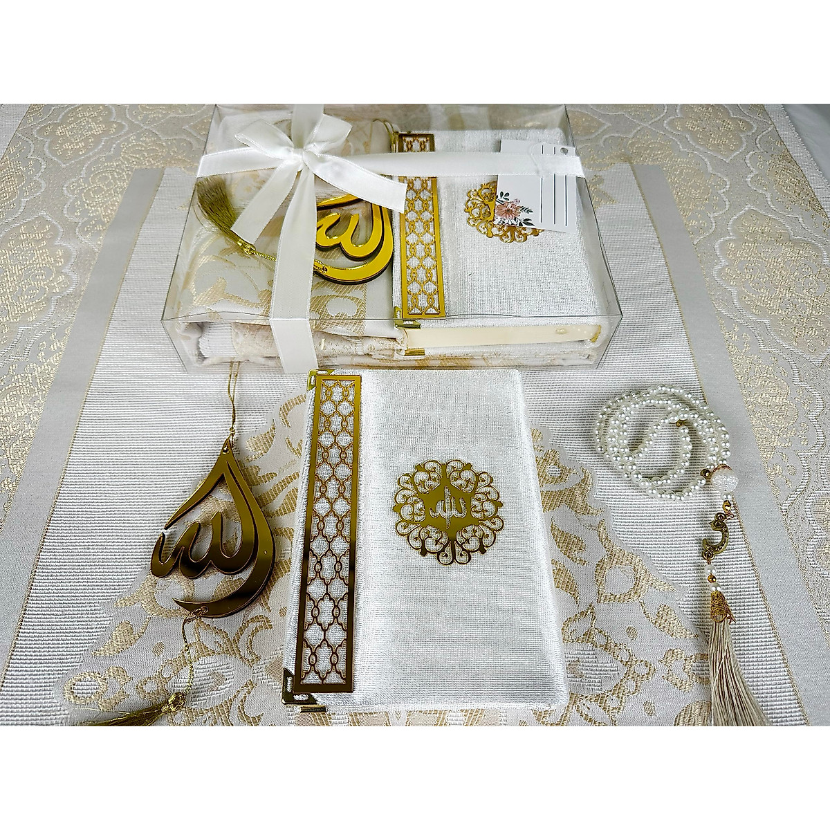 SAIKA Prayer Rug Set with Thanks Card, Full Arabic Quran Prayer Rug, Beads and Car Hanger Set,Ramadan Eid Wedding Birthday Graduation Mother's Day (Cream)