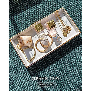 Ceramic Vanity Tray, Candle Tray with White Marble Finish | Jewelry Tray, Jewelry Dish | Marble Tray Decor, Perfume Tray for Dresser | Decorative Tray, Bathroom Tray, 9x4.5x1 inches