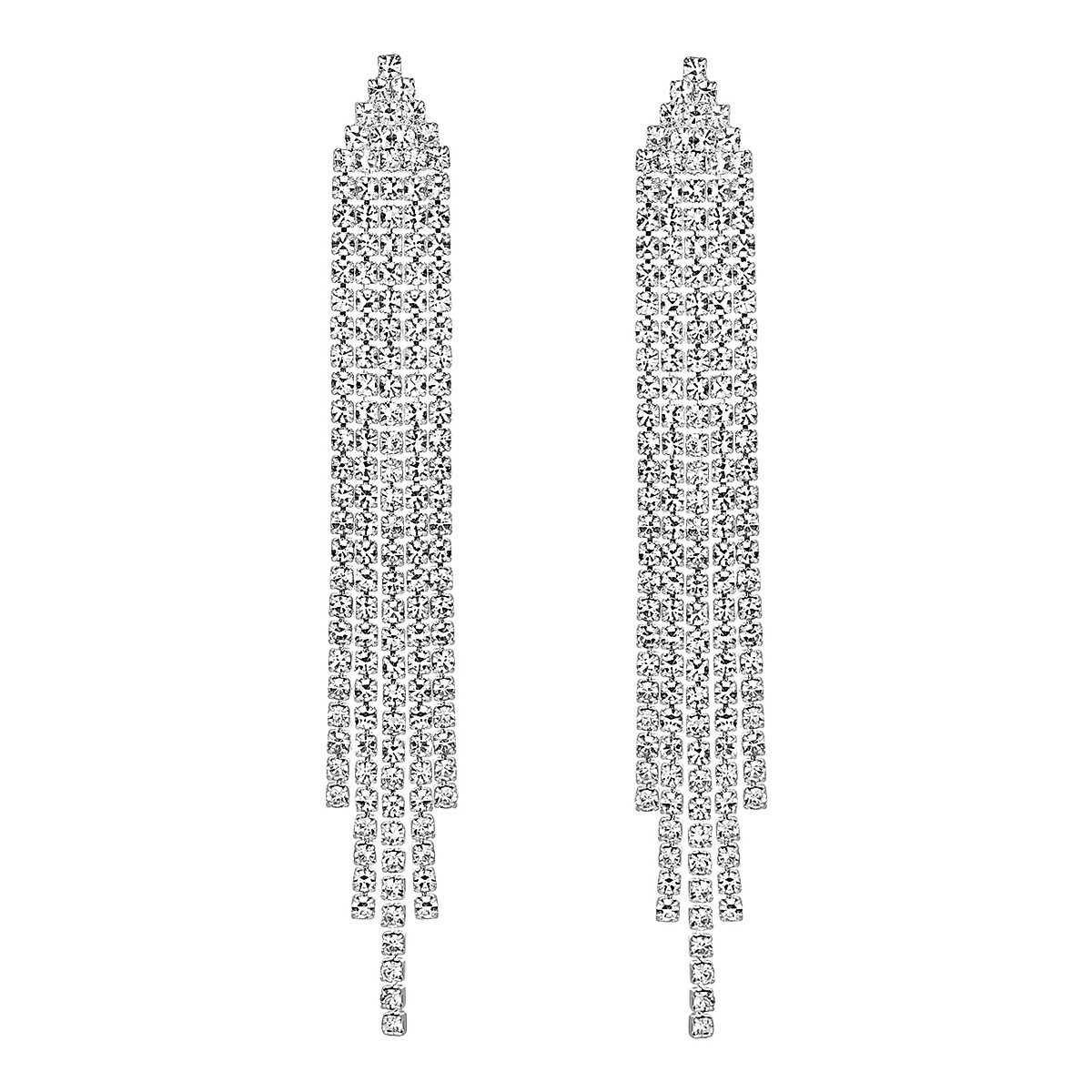 Mlouye Rhinestone Chandelier Earrings Dangling for Women, Triangle Long Tassel Fringe Crystals Dangle Earring for Prom Party Silver Tone Clear