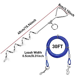 Dog Tie Out Cable and Stake, 30ft Outside Dog Leash&Chain for Camping and Yard, 16'' Heavy Duty Anti Rust Spiral Stake for Medium-Large Dogs Up to 125 lbs (30FT, Blue)