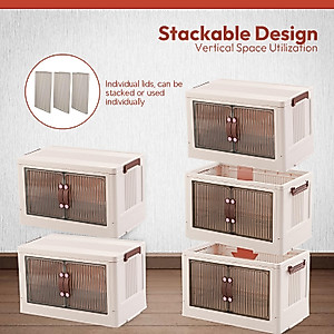 PROKTIK 30 QT 3 Tier Folding Storage Bins with Doors – Magnetic Door Foldable Storage Cabinet - Folding Storage Box with Leather Handles - Stackable and Collapsible Storage Container for Books, Pantry