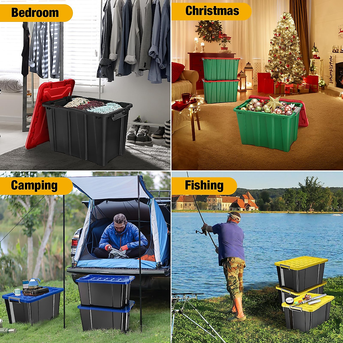 BROVIEW V12 11Gal Heavy Duty Plastic Storage Bins with Latching Lids, Stackable Tough Tote Storage Box Containers with Lock Hole & Handle for Garage Workshop Metal Rack (Black Base/Blue Lid, 4Pack)