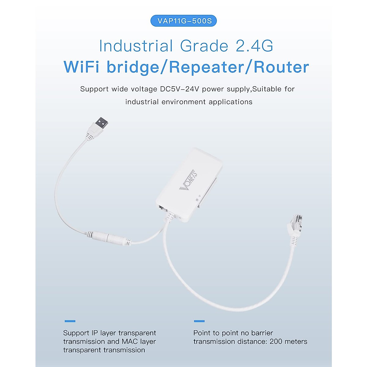 【Upgraded Version】 VONETS VAP11G-500S Industrial High-Power 2.4GHz WiFi Bridge/Wireless Router/Ethernet WiFi to Ethernet Adapter for Industrial Application, PLC, Printer, Medical, Network Devices