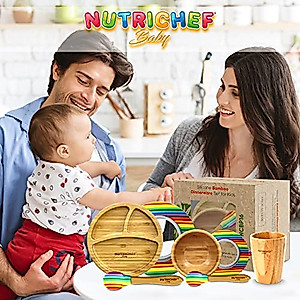 Nutrichef Baby and Toddler, 3 Compartment Plate, Bowl, Cup and Spoon Feeding Set- Silicon Suction, Non-toxic All Natural Bamboo Baby Food Plate (Stripe Set)