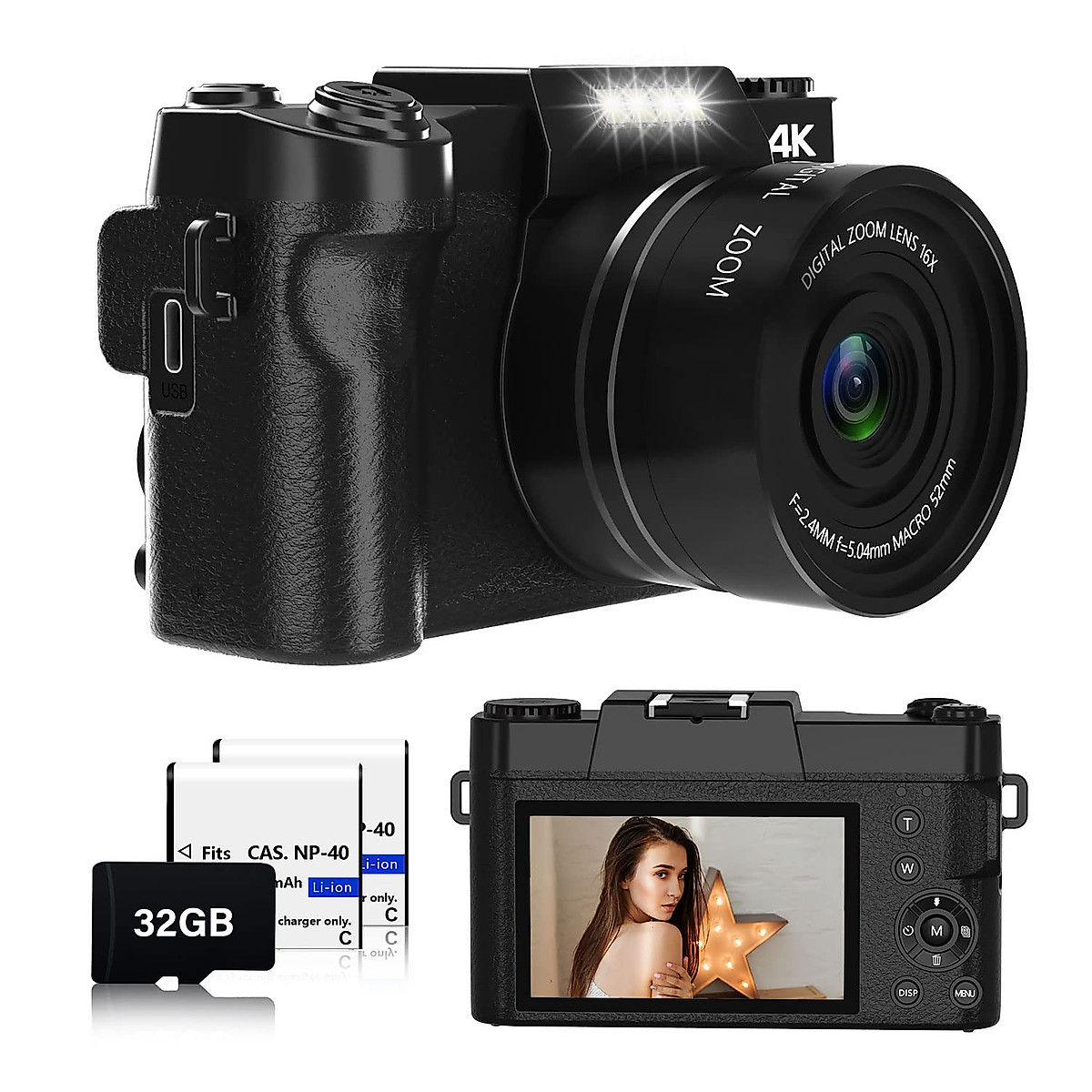 Digital Camera, NIKICAM 4K 56MP Vlogging Cameras for Photography YouTube with Manualfocus, 16X Digital Zoom(Include 32GB TF Card & 2 Rechargeable Batteries) -Black