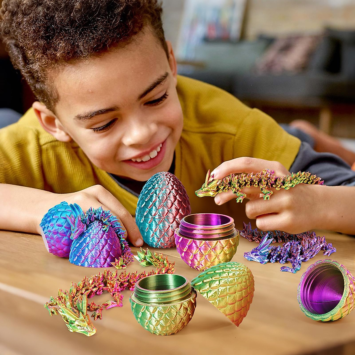 YILCER 4PCS 3D Printed Dragon Eggs with Dragon Inside Easter Basket Essentials Prefilled Easter Eggs with Toys Mini Easter Basket Stuffers Mystery Dragon Egg Fidget Toy 3D Printed Animals Toy