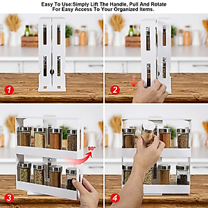 Rotating Spice Rack Plastic Seasoning Spice Jar Rack Storage 2 Tier Pull Out Kitchen Cabinet Organiser Slide Salt Bottle Box Holder Shelf Counter Spice Stand Multi-Function Pantry Door Storage - White