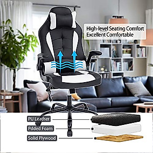 HCB Office Chair, Gaming Chair, Ergonomic Computer Desk Chair High Back Rolling Swivel Height Adjustable with Flip-Up Arms, Headrest and Lumbar Support, Massager, Leather （White）