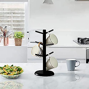 Dorhors Mug Tree,Mug Hanger Stand,Coffee Cup Holder with 6 Hooks,Wood Coffee Mug Holder for Counter,Coffee Bar Accessories and Decor,Coffee Organizer Station (Balck)