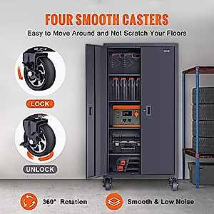 VEVOR Metal Storage Wheels, 200 lbs Load Capacity per Shelf 72'' Tall Powder-Coating Steel Cabinet with 4 Adjustable Shelves, Magnet Doors & Lock, Perfect for Office Home Garage, Black