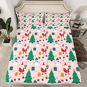 Kids Merry Christmas Tree and Snowman Fitted Sheet Twin Size Xmas Deer Elk Decor Bed Sheet Set for Boys Girls Teens Bedroom Decor Snowflake Bedding Set Women Men Bed Cover with 1 Pillow Case