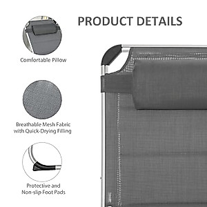 Outsunny Foldable Outdoor Chaise Lounge Chair, 5-Level Reclining Camping Tanning Chair with Aluminum Frame, Padding, and Headrest for Beach, Yard, Patio, Pool, Gray