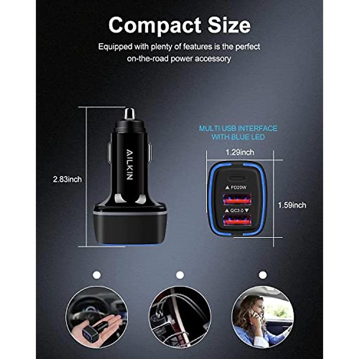 AILKIN 56W PD USB C Car Charger, Type-C Super Fast Power Charging Block 3-Port USB A & USBC Auto Cargador Carro Lighter Adapter for iPhone, iPad, Samsung Galaxy, LG, Google Pixel, Moto, USB-C&A Port