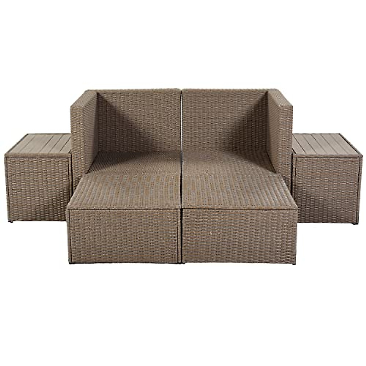 SIYAHOME Conversation 6-Piece Outdoor Furniture, PE Rattan Sectional Sofa Set with 2 Tea Tables for Poolside, Garden, Deck, Wicker Cushion, Brown + Beige