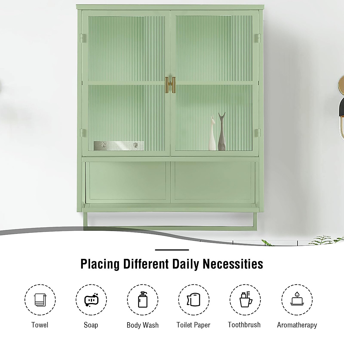 VKTO Bathroom Wall Cabinet with 2 Glass Door, Over The Toilet Storage Metal Hanging Cabinet with Towels Bar and Shelves, Medicine Cabinet for Bathroom Laundry Room Kitchen (Green)