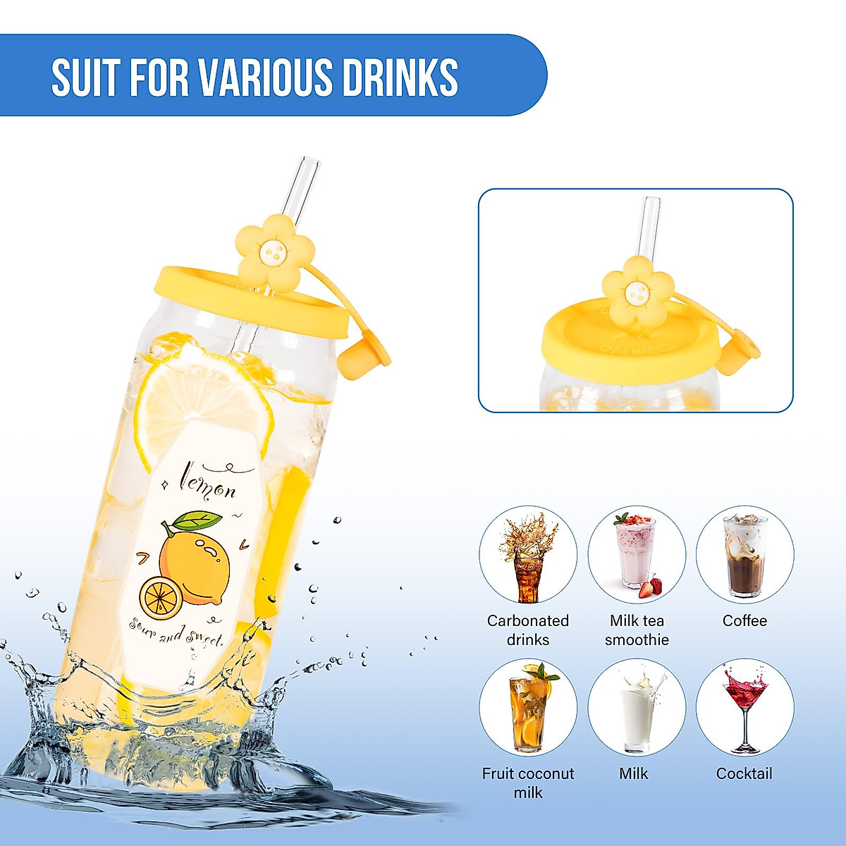 BEWAVE Drinking Glass with Straws, Silicone Lids and Straw Cover Cap, 16oz Can Shaped Glasses Cups, Iced Coffee Glasses, Beer Tumbler, for Whiskey, Soda, Tea, Juice, Gift, Panda, 1 Pack