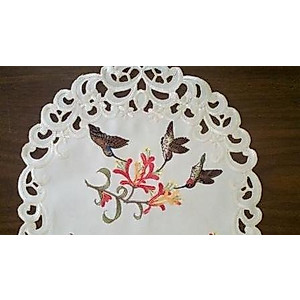 Doily Boutique Table Runner Embroidered with Hummingbirds on Ivory Material, Size 54 x15 inches