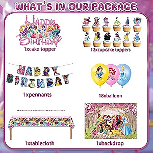 Princess Birthday Party Decorations,Include Banner,Backdrop, Latex Balloons, Cupcake, Cake Topper, Tablecloth for Princess Themed Birthday Party Supplies.