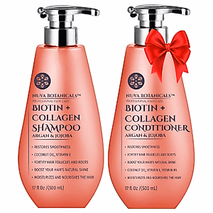 Biotin and Collagen Hair Growth Set - Shampoo and Conditioner for Women with Coconut Oil, Argan and Jojoba Oil for Thinning Hair (17 Fl Oz)