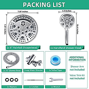 V-Frankness Shower Head with Handheld Combo, High Pressure 69 Settings Shower Head Buit in Power Wash Mode, with Soild Brass Diverter and 70 Inches Extra Long Stainless Steel Hose (Chrome)