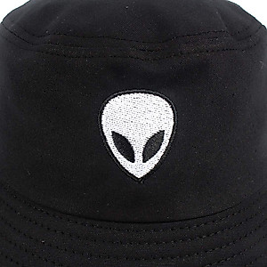 Alien Embroidered Bucket Hat Packable Fisherman Cap Unisex Outdoor Hat Trendy Sun Hats, Black
