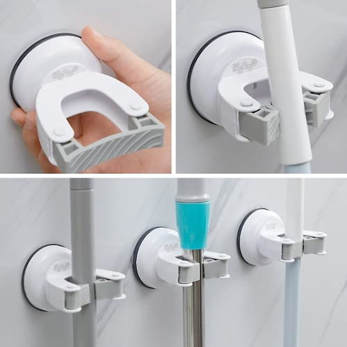MIEDEON Bathroom Mop Holder, Strong Storage Mop Clip, Hole-free Suction Cup Wall-mounted Broom Holder (White,7*8*6.5CM)