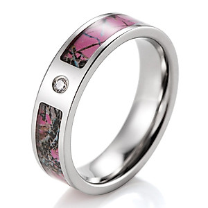 SHARDON Women's 6mm Titanium Pink Tree Camo Wedding Ring with CZ Stone Size 7