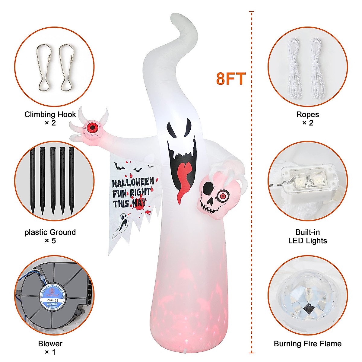 Halloween Inflatable Decorations Outdoor, Halloween Blow Up Inflatable for Halloween Yard, Garden, Lawn Decorations, Towering Spooky Ghost with Heart in Hand, Build-in LEDs