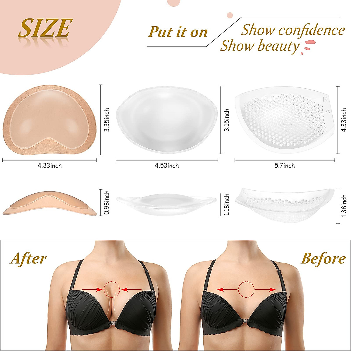 3 Pairs Silicone Bra Inserts Lift Breast Pads Breathable Push up Sticky Bra Breast Cups Silicone Gel Bra Inserts for Women(Classic,Small)