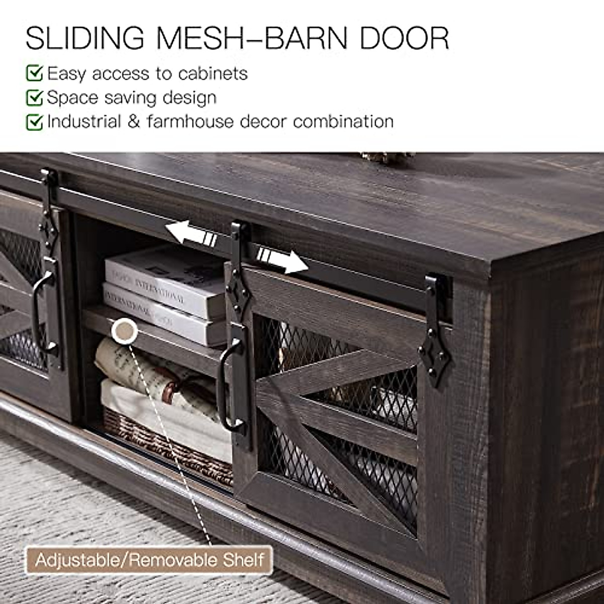 OKD 48'' Coffee Table with Storage & Sliding Barn Doors, Farmhouse & Industrial Center Table w/Adjustable Shelves for Living Room, Rectangular Black Rustic Cocktail Table w/2 Cabinets, Dark Rustic Oak