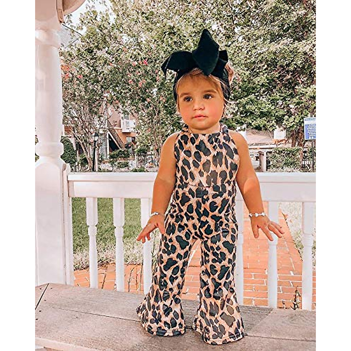 Kid Toddler Baby Girl Spring Summer Sleeveless Backless Romper One Piece Leopard Printed Jumpsuit Bell-Bottomed Flare Pants