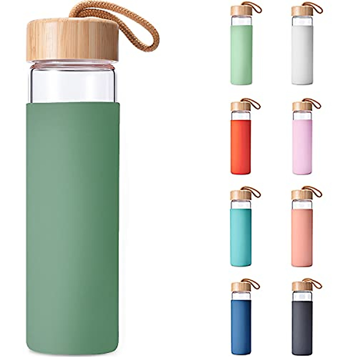 Yomious 20 Oz Borosilicate Glass Water Bottle with Bamboo Lid and Silicone Sleeve – Reusable BPA Free – Glass Drinking Bottle with Lids - Cute Glass Bottle for Women - Glass Shaker Bottle