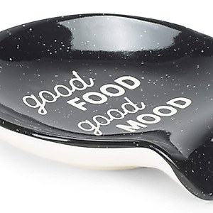 DEMDACO Good Food Good Mood 4.5 x 4 Glossy Speckled Black and White Ceramic Stoneware Kitchen Spoon Rest