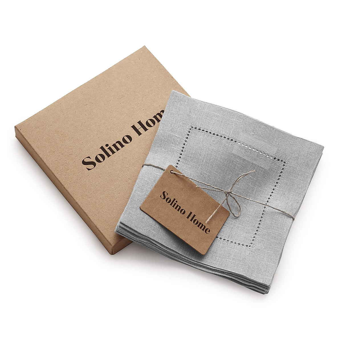 Solino Home Linen Cocktail Napkins 6 x 6 Inch – 100% Pure Linen Fabric Soft Grey Cloth Napkins Set of 12 – Classic Hemstitch Beverage Cocktail Napkins for Christmas – Handcrafted