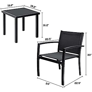JUMMICO 3 Pieces Patio Furniture Set Outdoor Textilene Patio Chairs with Coffee Table Modern Patio Conversation Bistro Set for Lawn, Garden, Balcony, Poolside and Porch (Black)