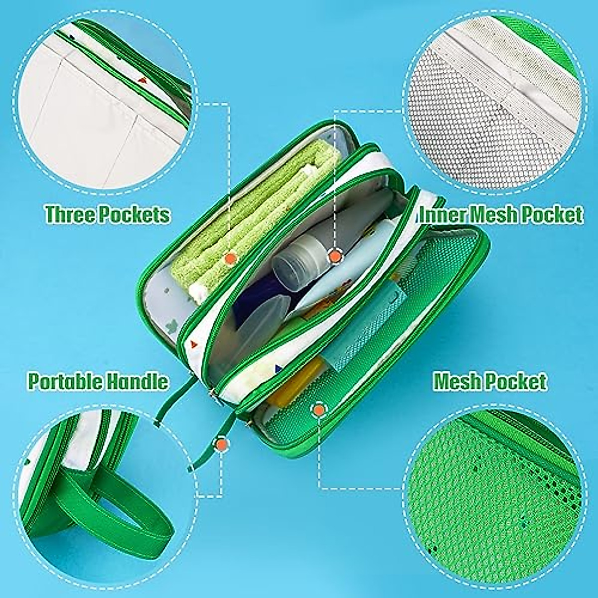 Dinosaur Toiletry Bag - Travel Toiletry Bag for Boys Kids Christmas Birthday Gift Toiletries Makeup Cosmetic Pouch Camping Traveling Toiletry Case Water-resistant Wash Bag Dopp Kit with Mesh Pocket