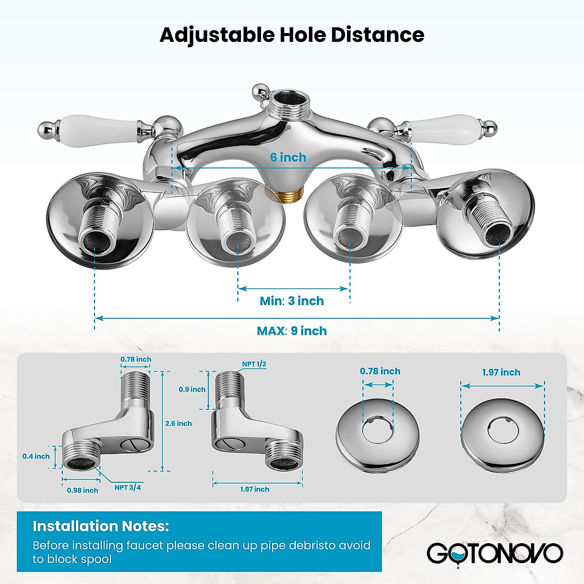 gotonovo Polish Chrome Clawfoot Tub Faucet Wall Mount Hand Held Shower Bathtub Faucet Set Double Level Handle with 6 Inch Center with Adapter Adjustable Swing Arms