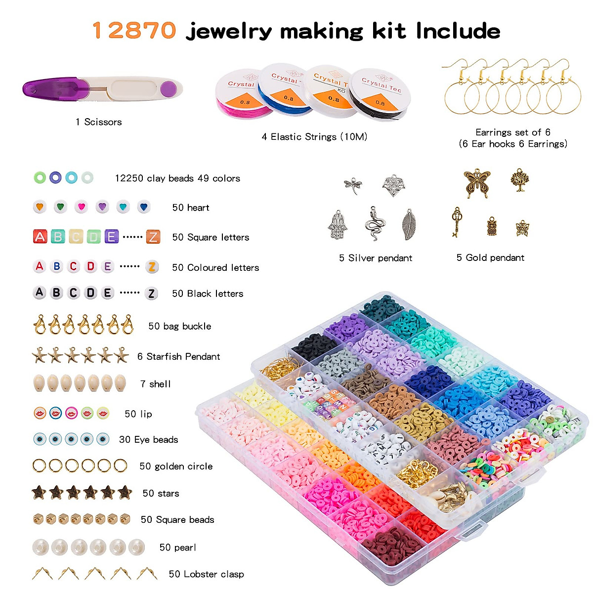 Maxzola inc. Clay Beads for Jewelry Bracelet Necklace Making Kit, 12870 Pcs Flat Round Polymer Clay Beads with Elastic Strings Pendant Charms Kit