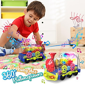 Kizeefun Light Up Train Toy for Toddlers: Transparent Gear Car Toy for Kids with Cool Light and Music Educational Crawling Toys for Baby Boys and Girls