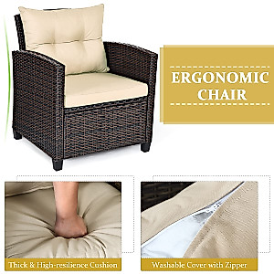 Toolsempire 7 Pieces Patio Furniture Set with 40,000 BTU Propane Round Fire Pit Table, Patio Fire Table Set with Cushions, Lava Rocks & Waterproof Cover, Wicker Conversation Set for Garden(Coffee)