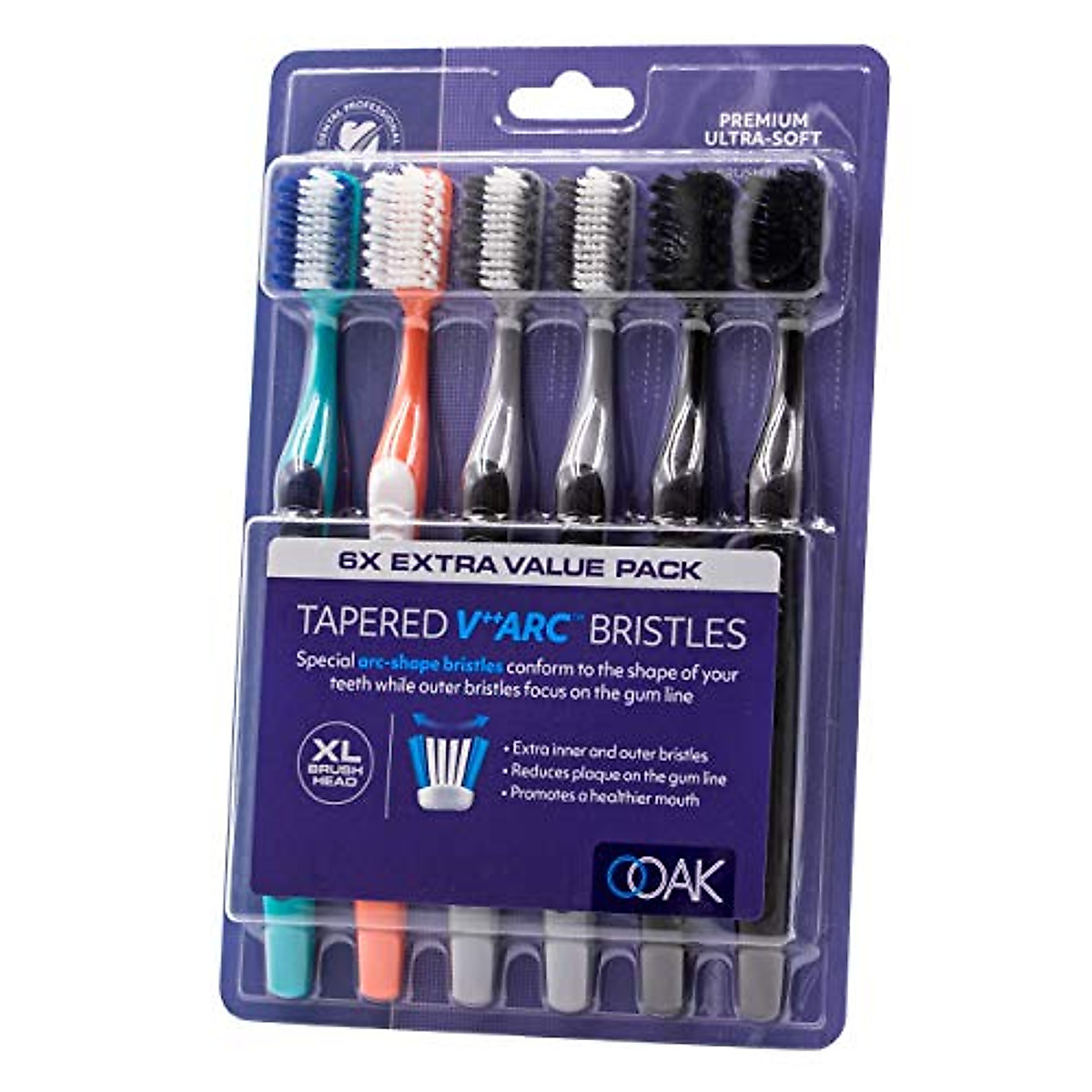 Ooak Toothbrush, Tapered V++Arc Soft Bristles, XL Brush Head 6 Pack - Multiple Colors