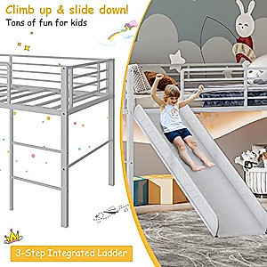 Giantex Twin Loft Bed with Slide, Metal Low Bunk Bed w/Safety Guardrails & Built-in Ladder, Toddler Bed Floor Frame for Boys & Girls, No Box Spring Needed (Silver)