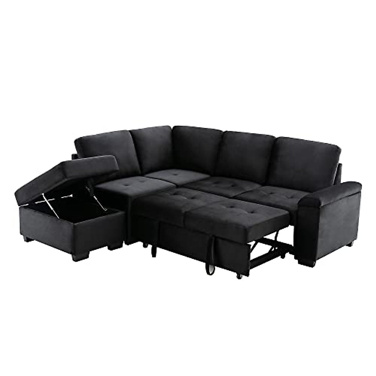 UBGO Sectional Modern L Shape Corner Convertible Sleeper Combination Sofa Bed Ottoman and Storage Hidden Arms Pull Out Sheet for Living Room Apartment, Black G