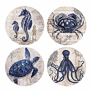 Absorbent Coasters Natural Ceramic Thirsty Stone Navy Blue Octopus Seahorse Crab Turtle Ocean Theme Coaster Set for Drinks Cork Backing (sea Animals)…
