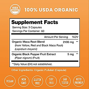 Organic Maca Root Capsules for Women & Men | 2100mg, 180 Vegan Capsules | Black, Red & Yellow Peruvian Gelatinized | Highest Potency Maca Root Powder Supplement | Supports Mood, Reproduction & Energy